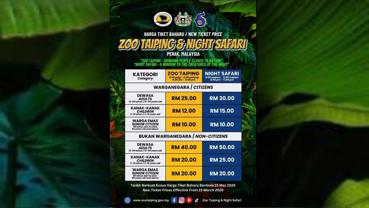 Kadar baharu tiket masuk Zoo Taiping & Night Safari bermula 15 Mac | Awani